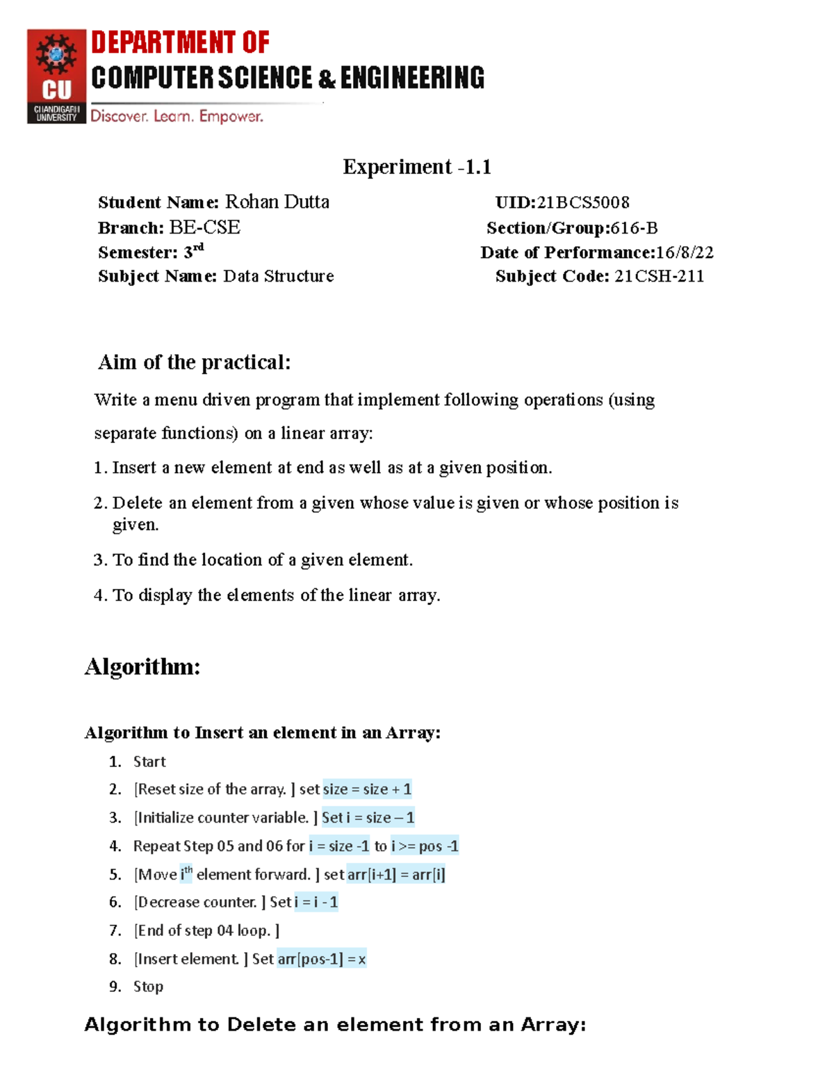 21bcs5008 rohan ds1 - data structure - Btech Cse - StuDocu