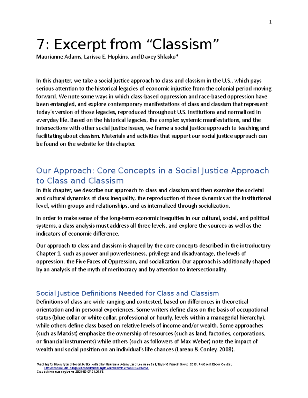 Excerpt of Classism - Adams, Hopkins, and Shlasko - 7: Excerpt from “Classism” Maurianne Adams ...