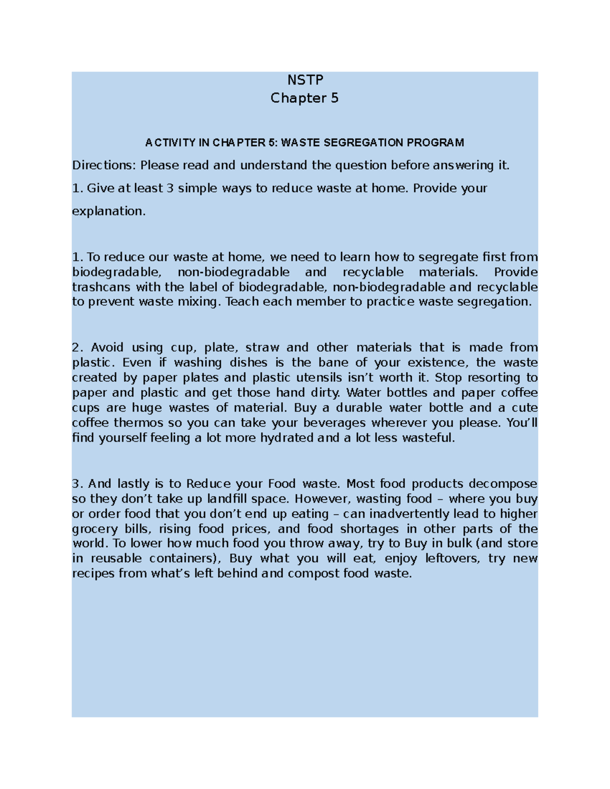 Activity 5 NSTP - CHAPTER 5 - NSTP Chapter 5 ACTIVITY IN CHAPTER 5: WASTE SEGREGATION PROGRAM ...