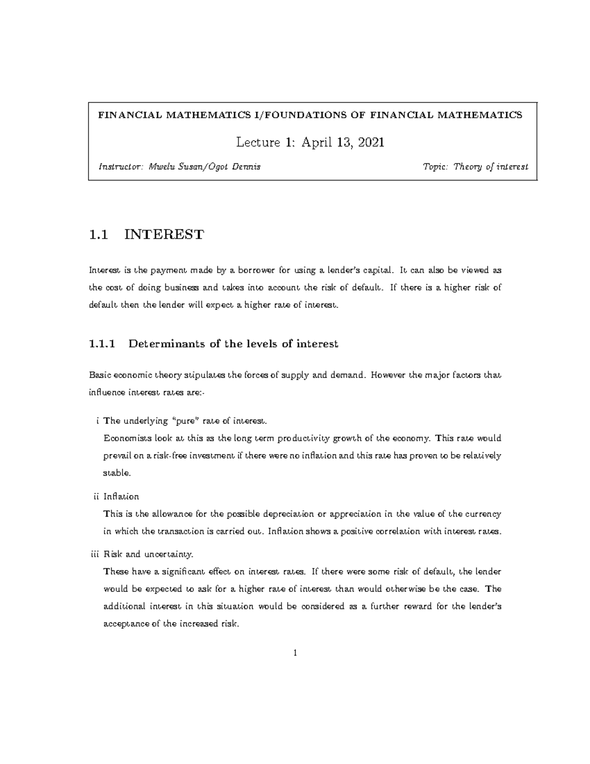 Lecture Notes - dgyusjh - FINANCIAL MATHEMATICS I/FOUNDATIONS OF ...