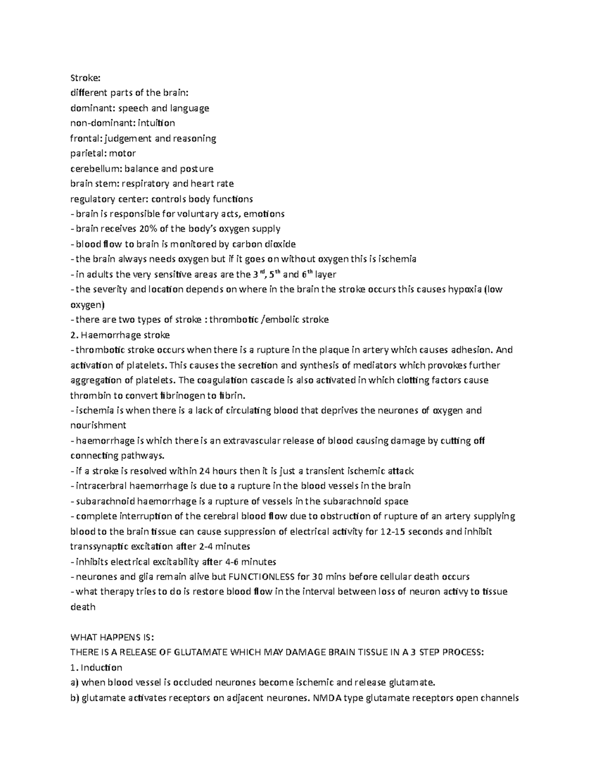 209 Stroke summary - Stroke: different parts of the brain: dominant ...