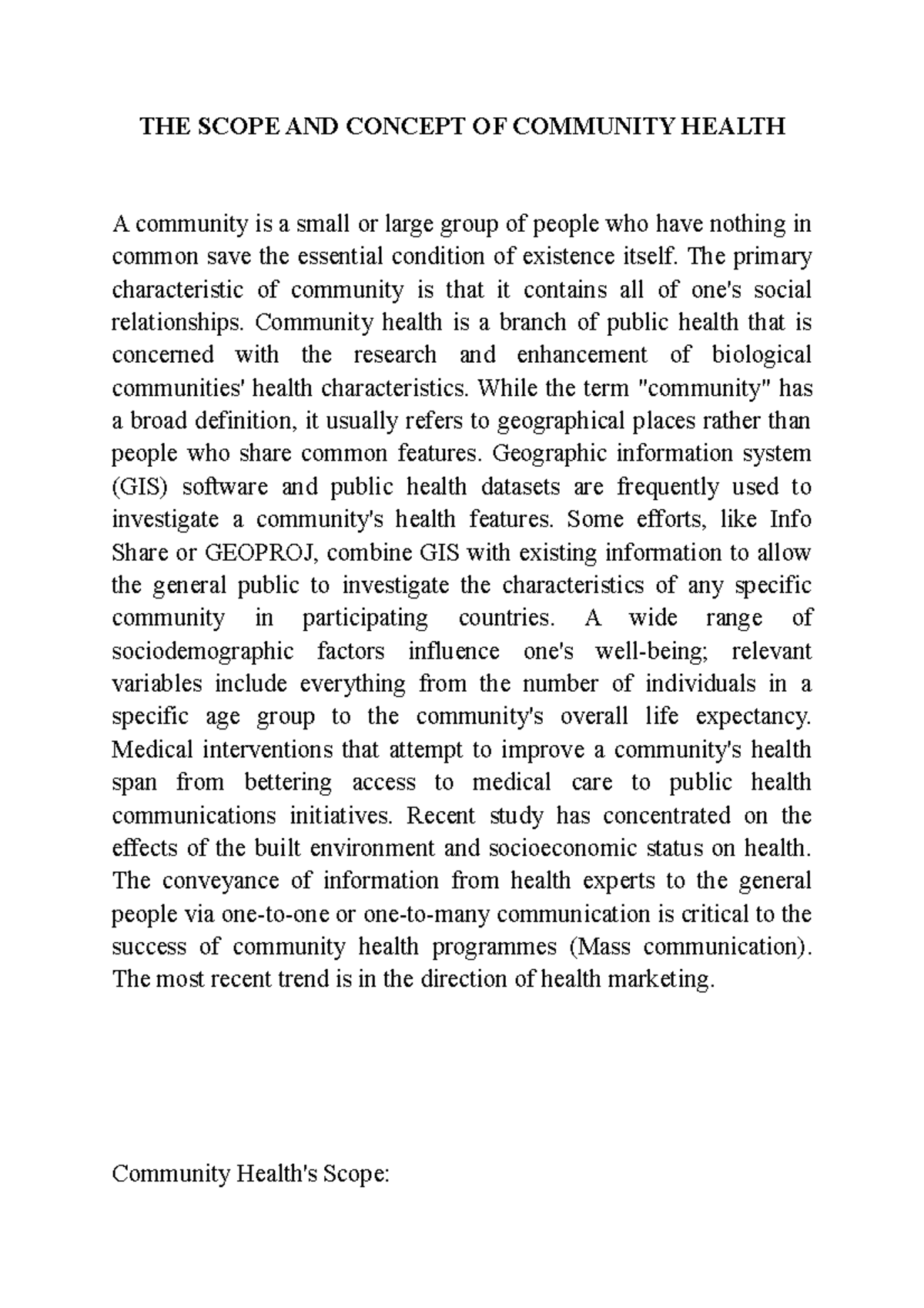 THE Scope AND Concept OF Community Health - THE SCOPE AND CONCEPT OF ...