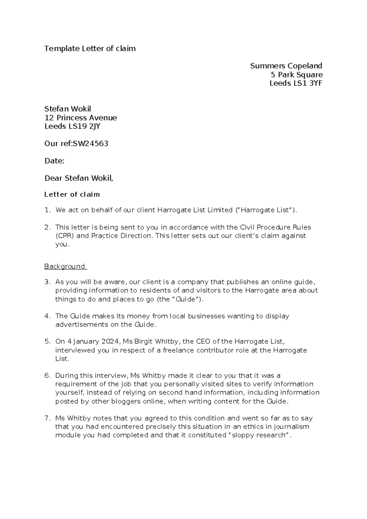 Letter of claim Mock - Template Letter of claim Summers Copeland 5 Park ...