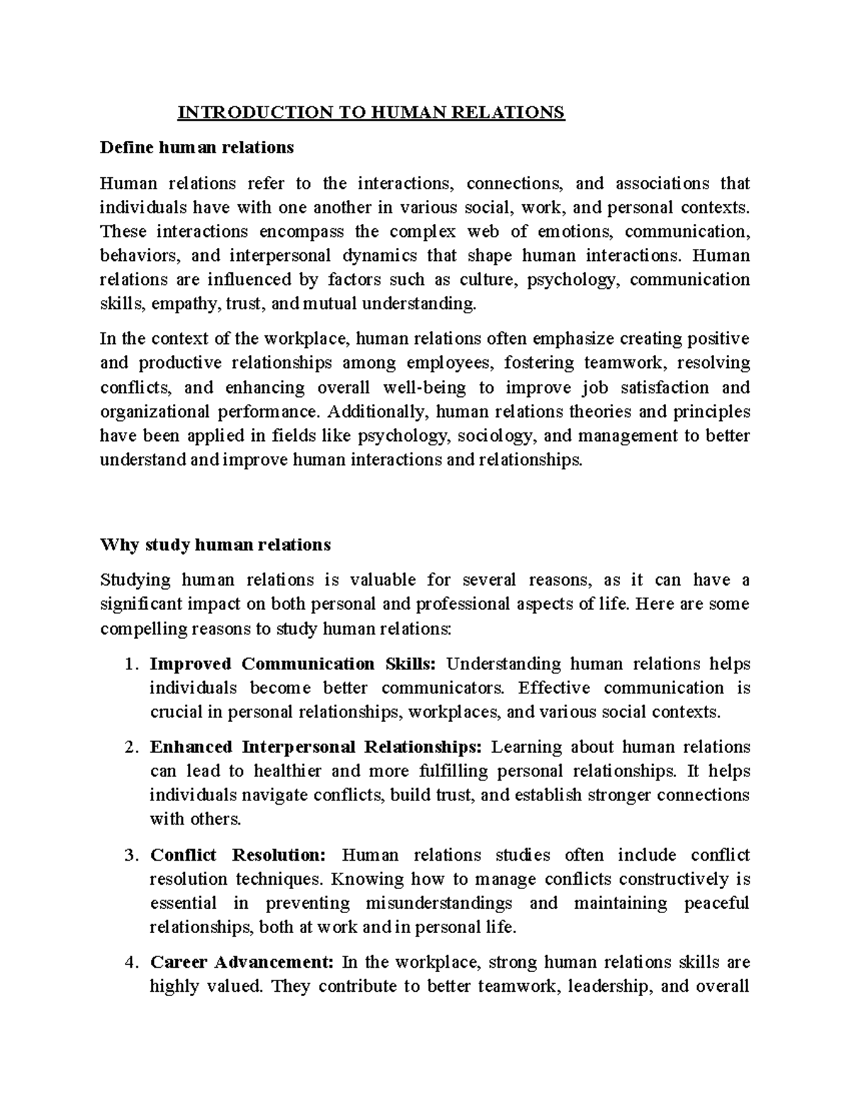Human Relations 1 - INTRODUCTION TO HUMAN RELATIONS Define human ...