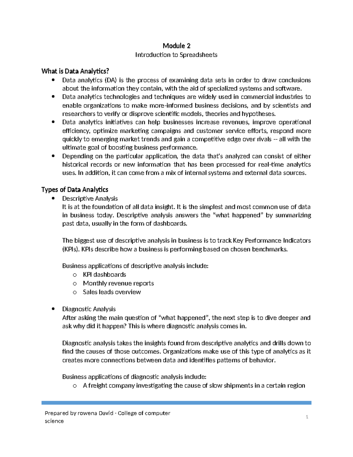 Week 2-3 Datana Intro to Dta Analytics - Module 2 Introduction to Spreadsheets What is Data ...