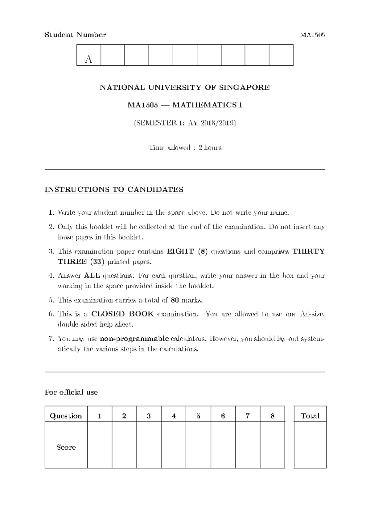 ATM124458 1819SEM1-MA1505 - Student Number MA A NATIONAL UNIVERSITY OF ...