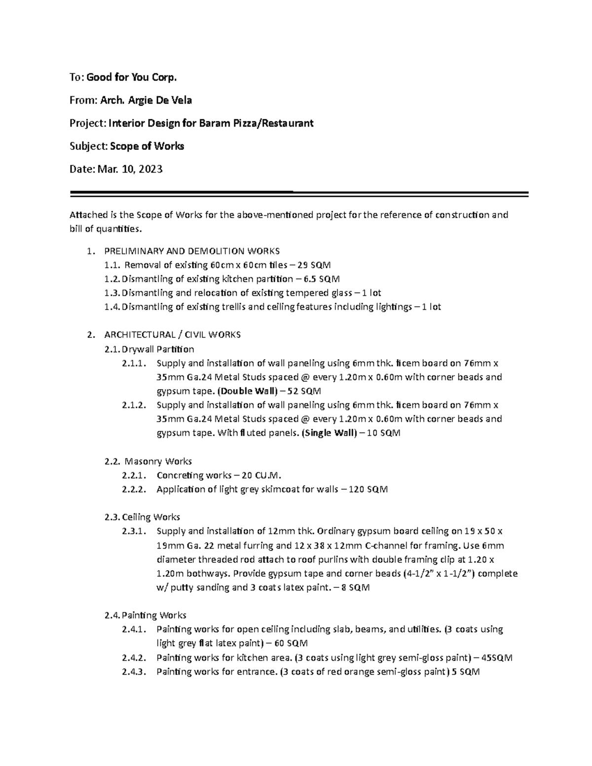 Scope of works - To: Good for You Corp. From: Arch. Argie De Vela ...