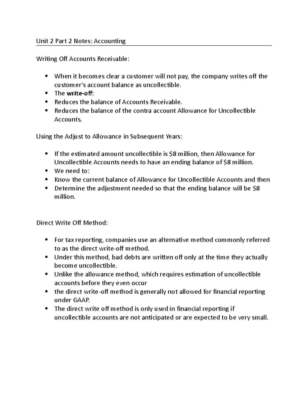 Unit 2 Part 2 Notes - Unit 2 Part 2 Notes: Accounting Writing Off ...