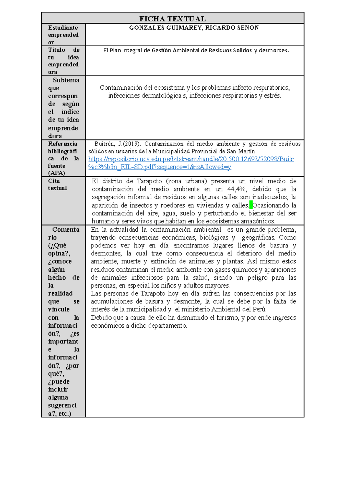 Formatos de fichas textual y de resumen - FICHA TEXTUAL Estudiante ...