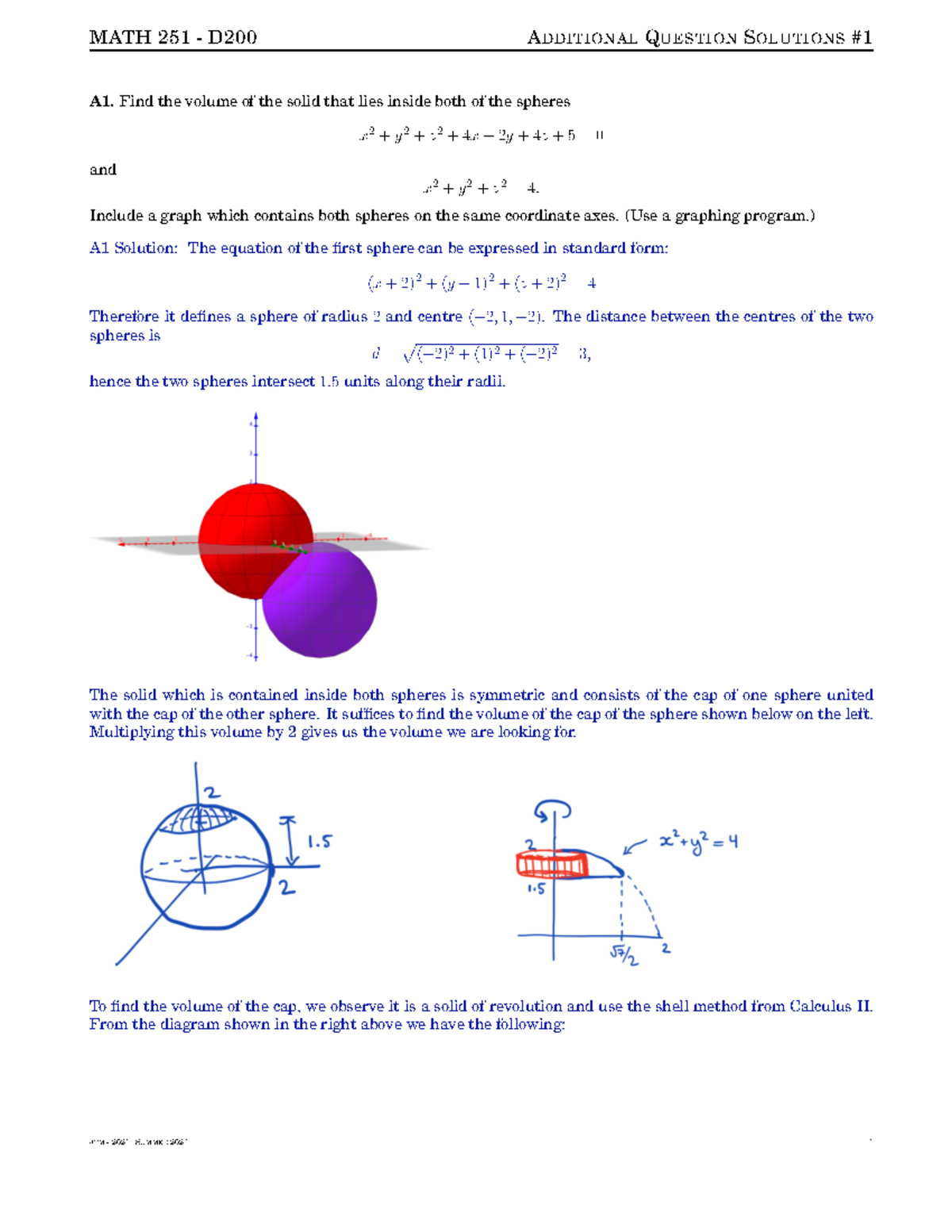 Sol1 Assignment 1 Solutions Math 251 D200 Additionalquestionsolutions A1 Find The Volume