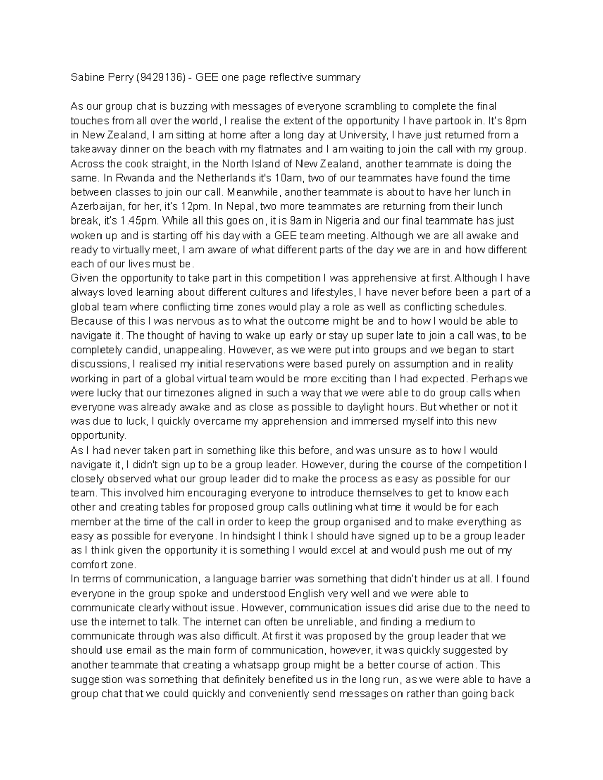 GEE reflective summary - Sabine Perry (9429136) - GEE one page ...