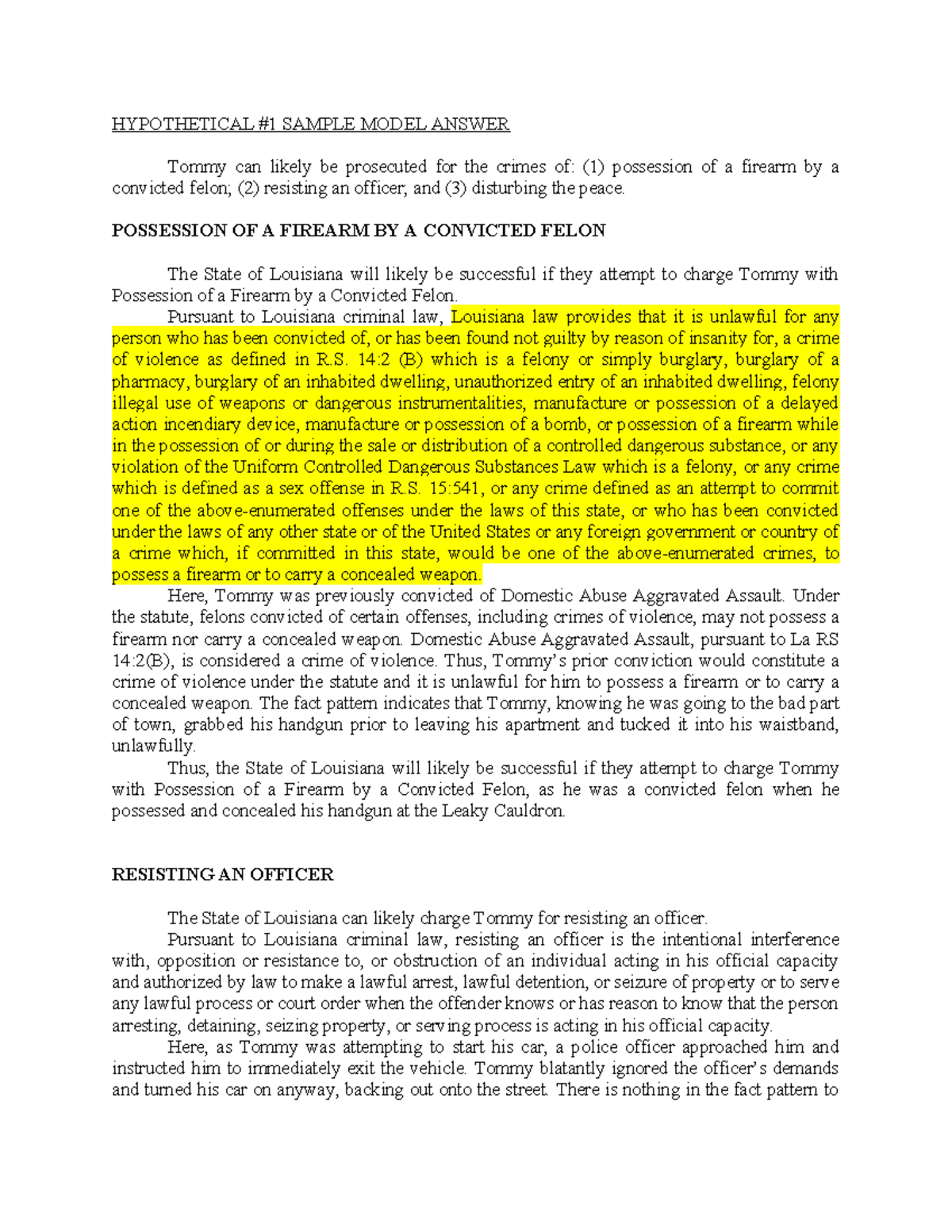 Hypo 1 Model Edit - HYPOTHETICAL #1 SAMPLE MODEL ANSWER Tommy can ...