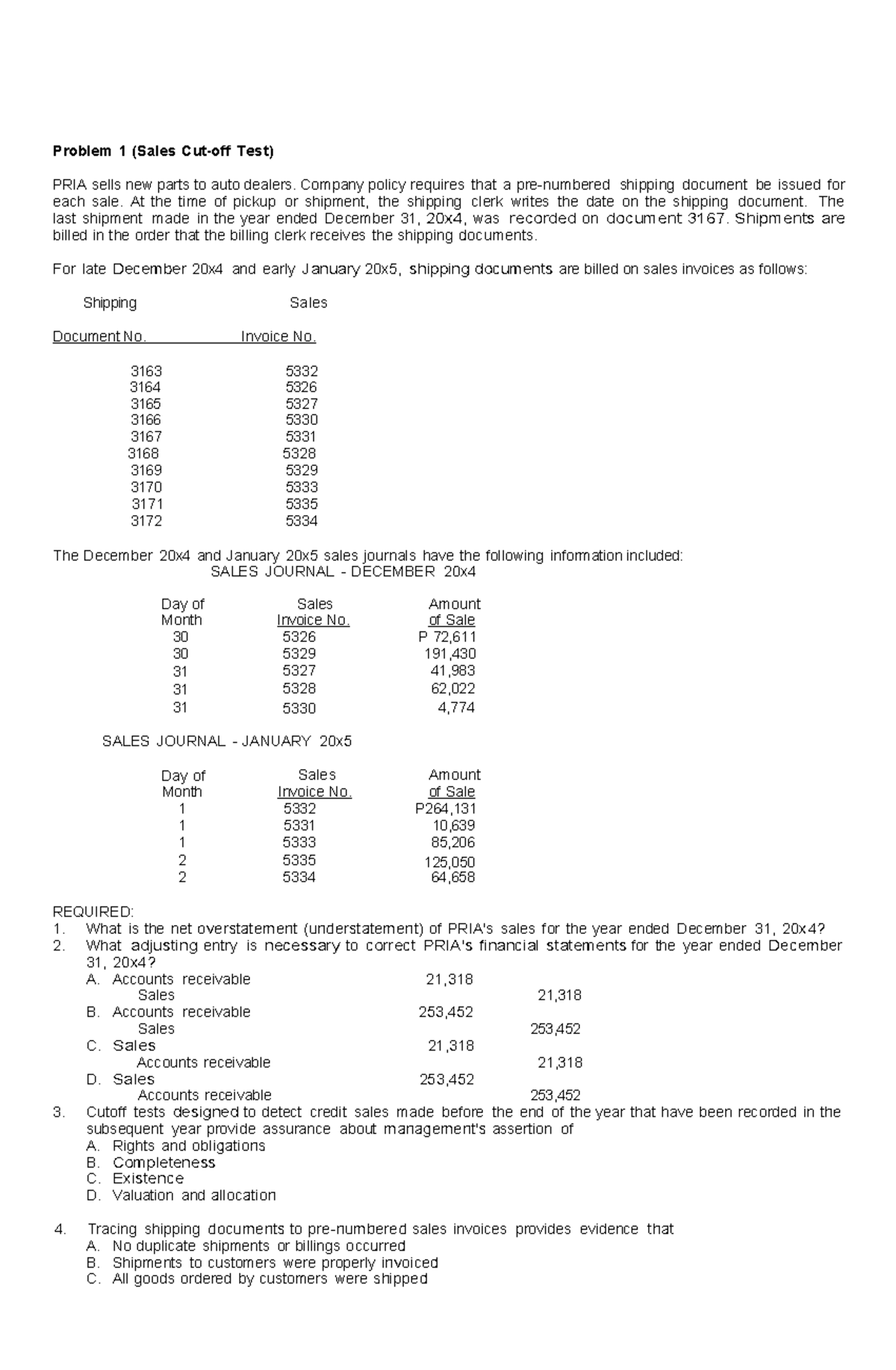 Audit of Receivables and Allowance for bad debts - Problem 1 (Sales Cut ...