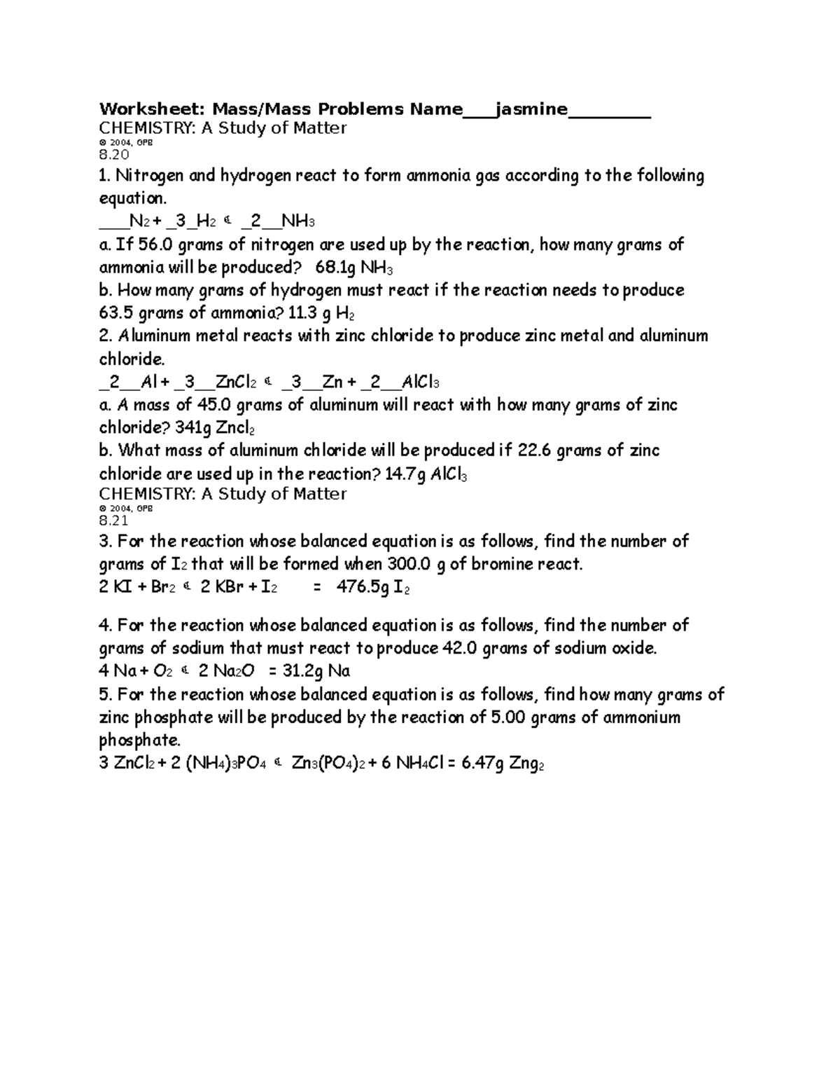 Mass Mass Problem science 2b homework assignment - Worksheet: Mass/Mass ...