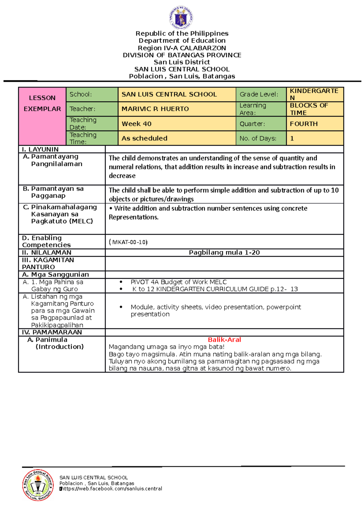 Kinder- COT-4th - Lesson plan - Department of Education Region IV-A ...