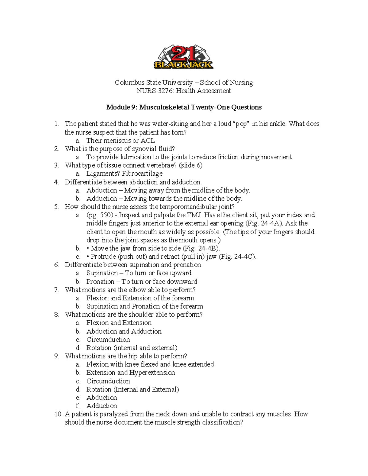 Complete - NURS 3276 Module 9 Twenty-One Questions Musculoskeletal 1 ...