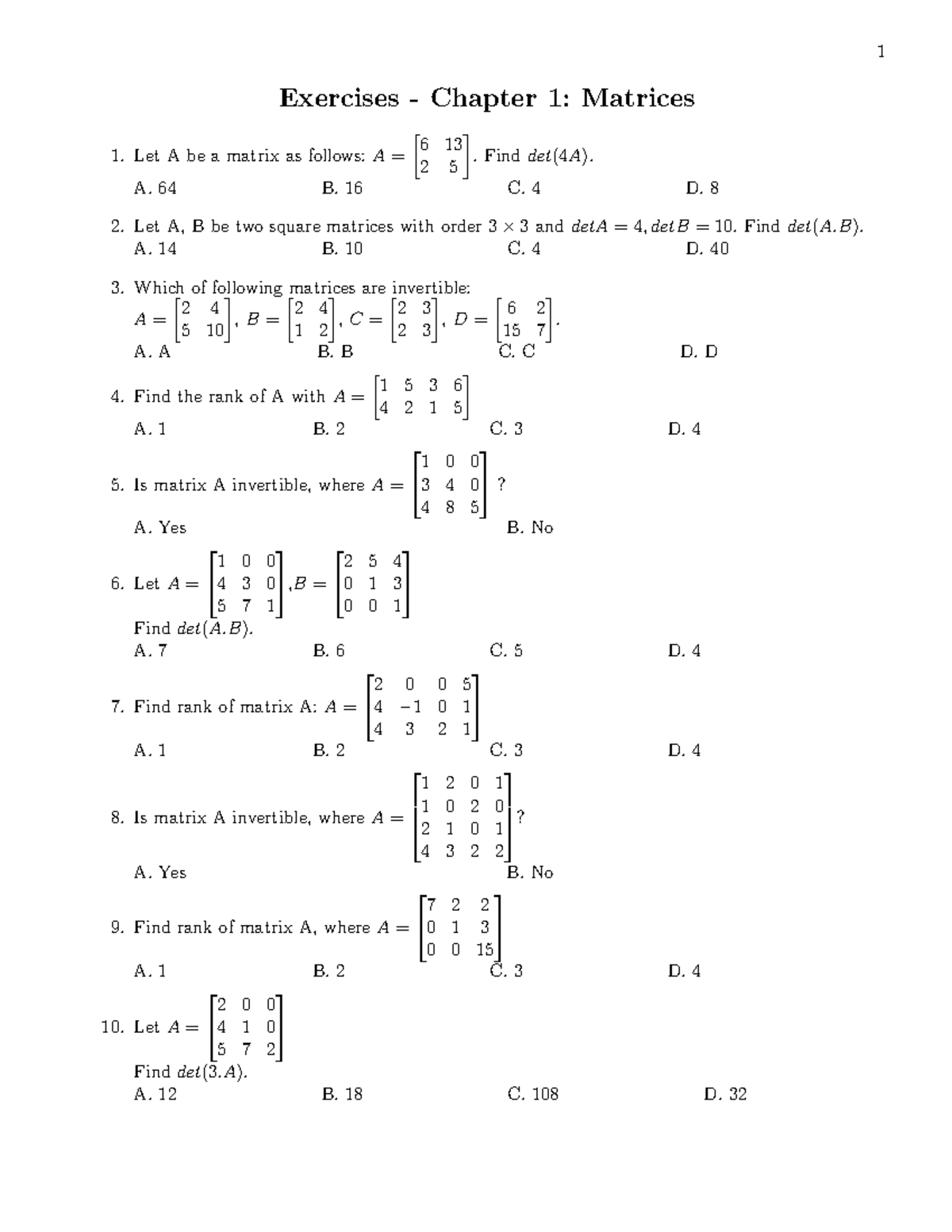 Exercises Chapter 1 - HJKL - Exercises - Chapter 1: Matrices Let A be a ...