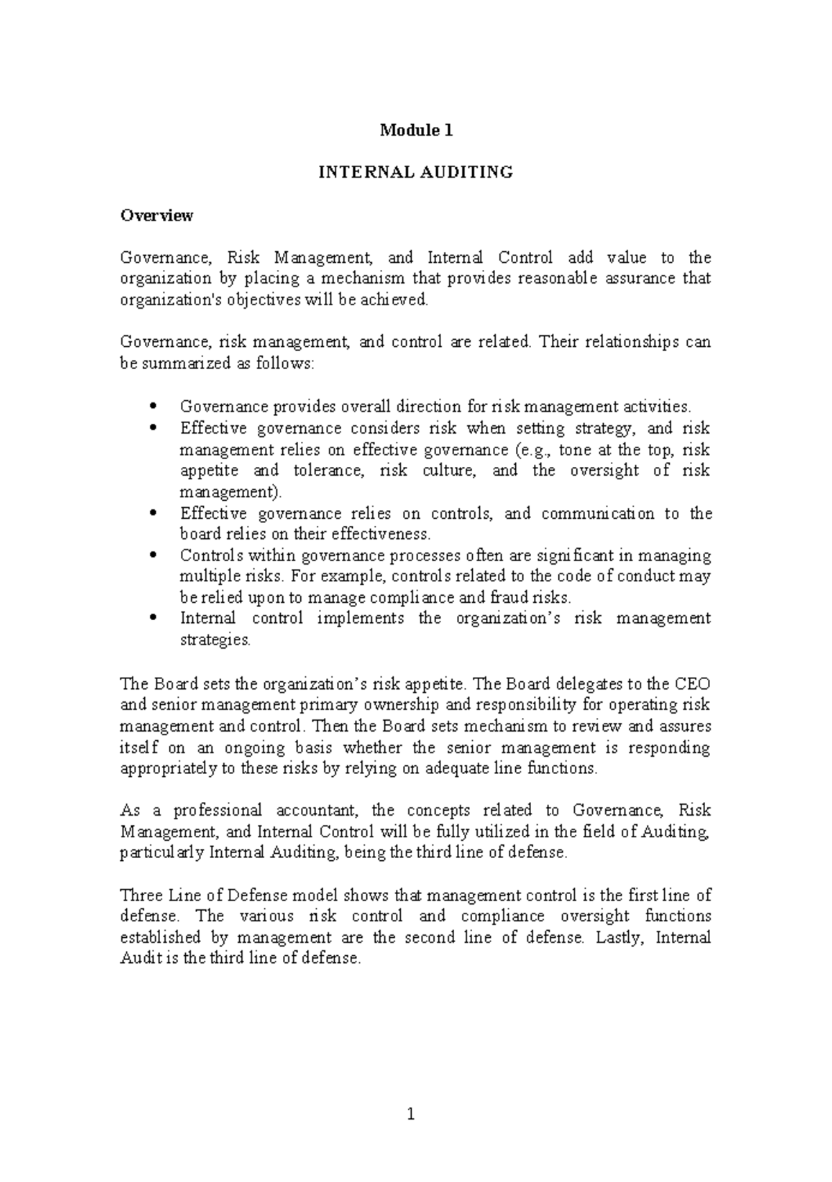 Module 1 Internal Auditing - Module 1 INTERNAL AUDITING Overview ...