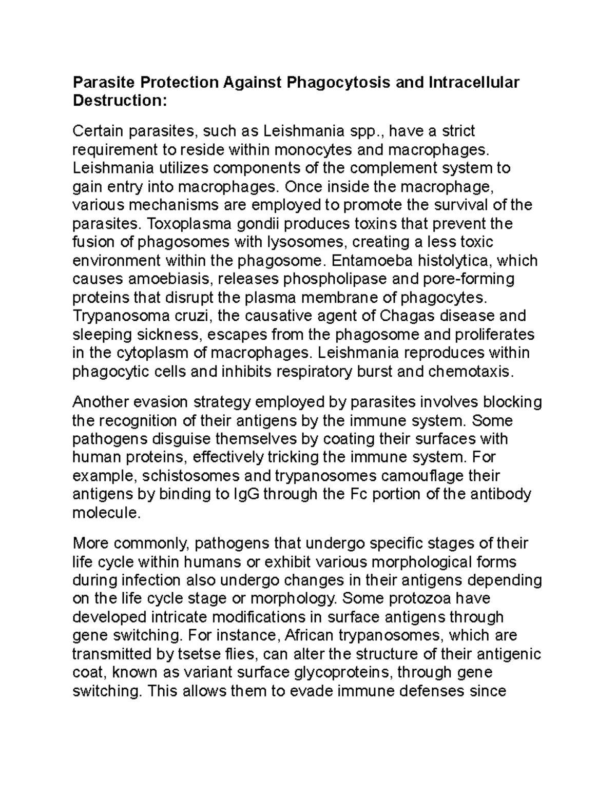 Parasite Protection Against Phagocytosis and Intracellular - Parasite ...