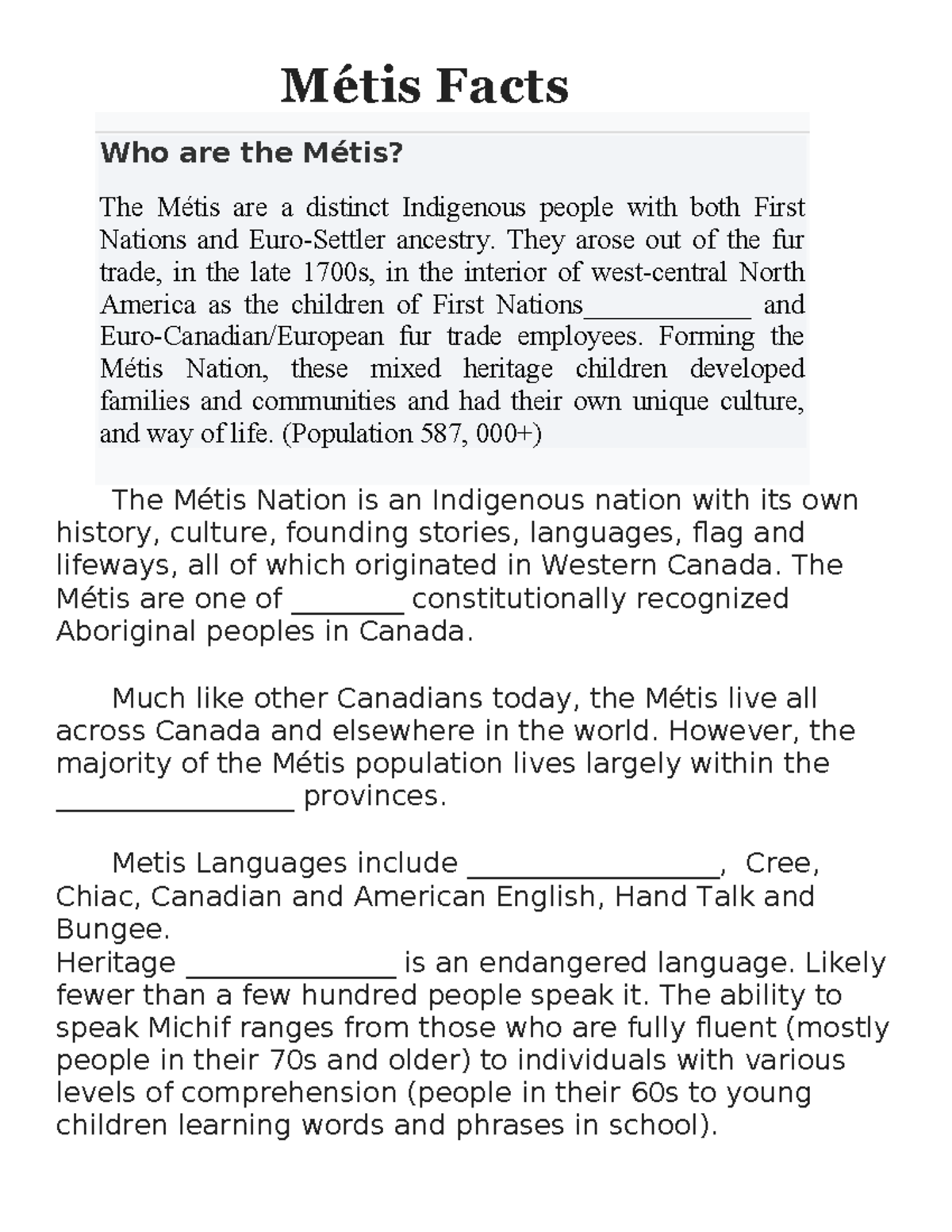 Metis fill in blanks - Aboriginal Culture and worldviews exploration ...