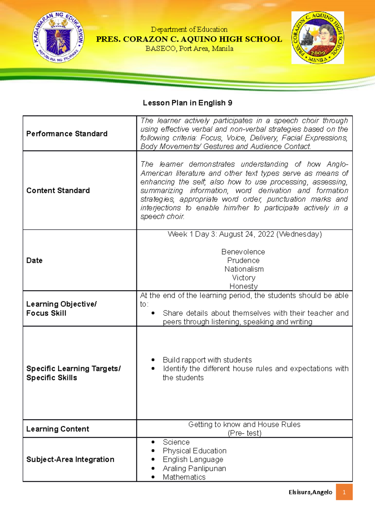 DAY 3 ENG - random - Lesson Plan in English 9 Performance Standard The ...
