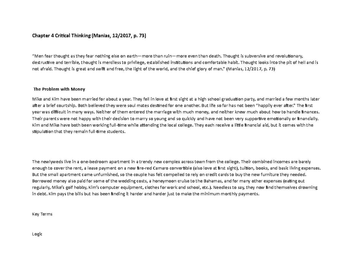 Chapter 4 Critical Thinking - Chapter 4 Critical Thinking (Manias, 12/ ...