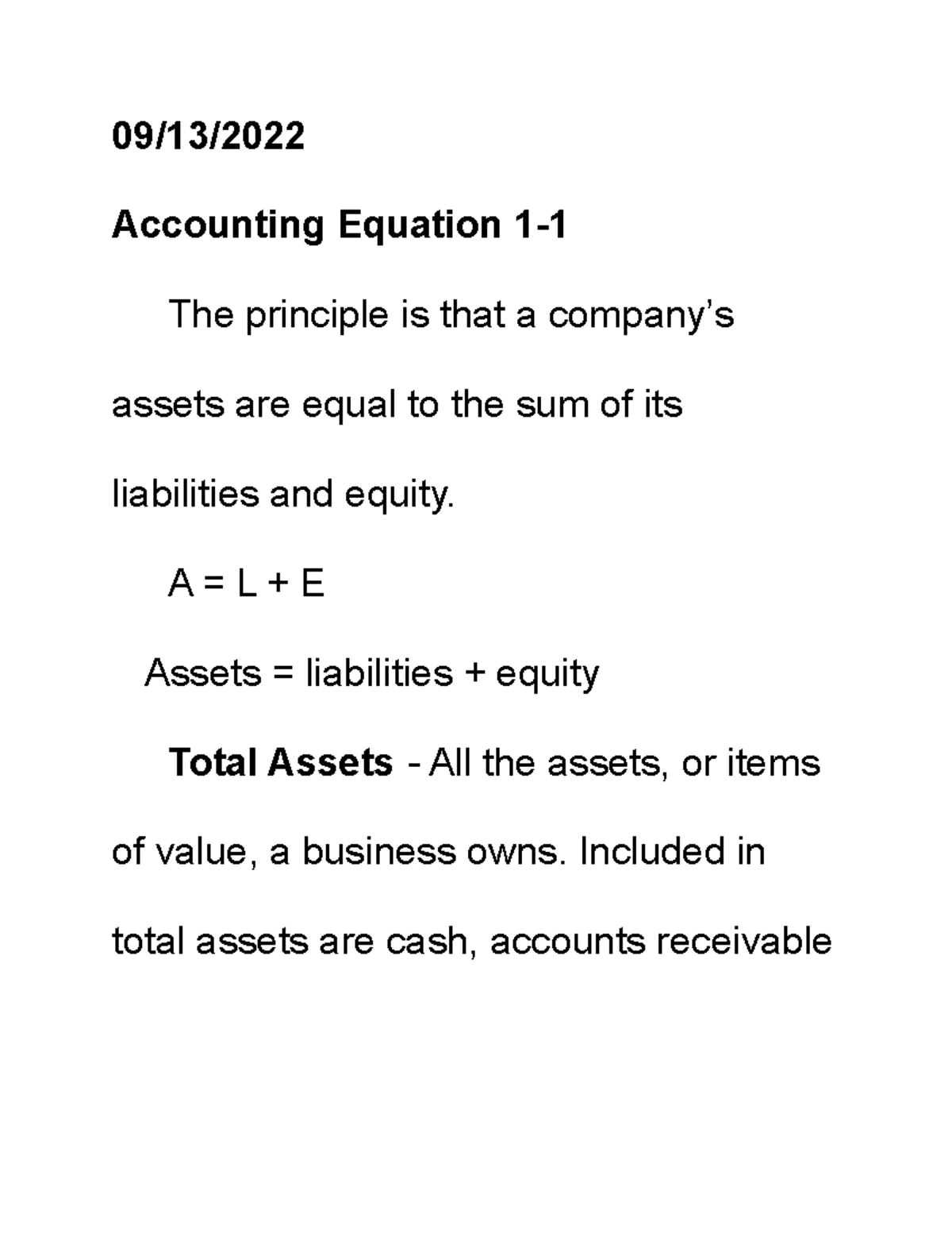 Acc - Accounting Sem 1 Notes Part 1 - 09/13/ Accounting Equation 1- The ...