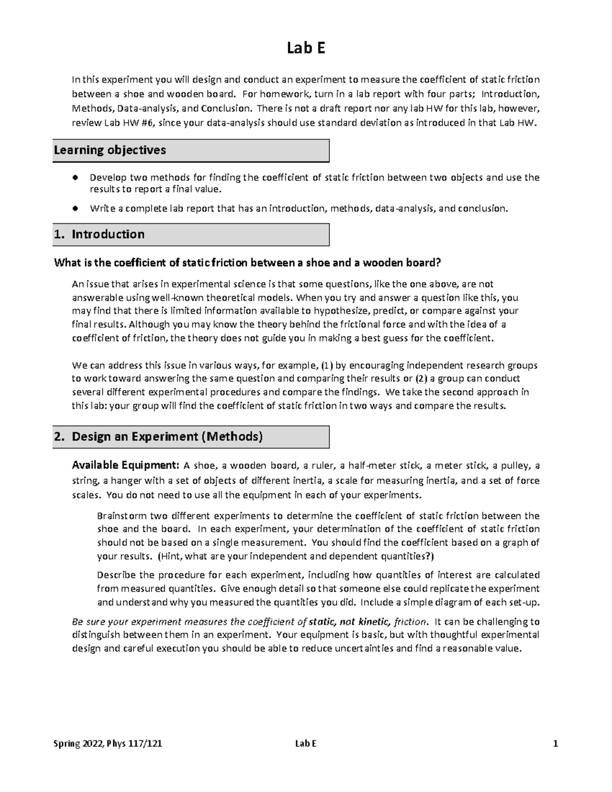 Lab E - Handout - v6-3 - Lab E Spring 2022, Phys 117/121 Lab E 1 In this experiment you will ...