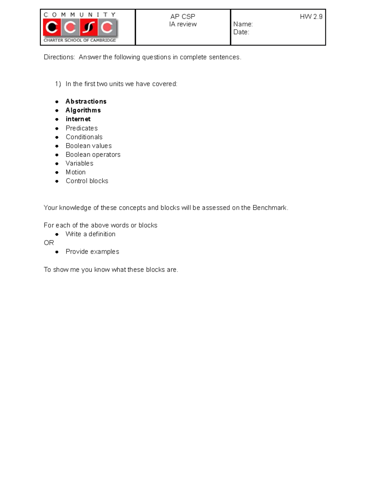 HW 2.12 BA review 1 - IA review Name: Date: Directions: Answer the ...