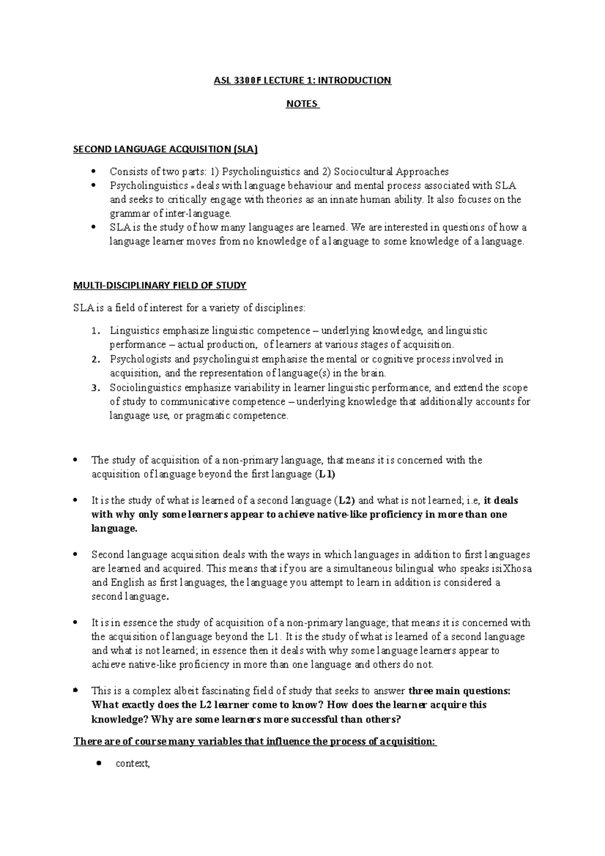 ASL 3300F Lecture 1 - Notes - ASL 3300F LECTURE 1: INTRODUCTION NOTES ...