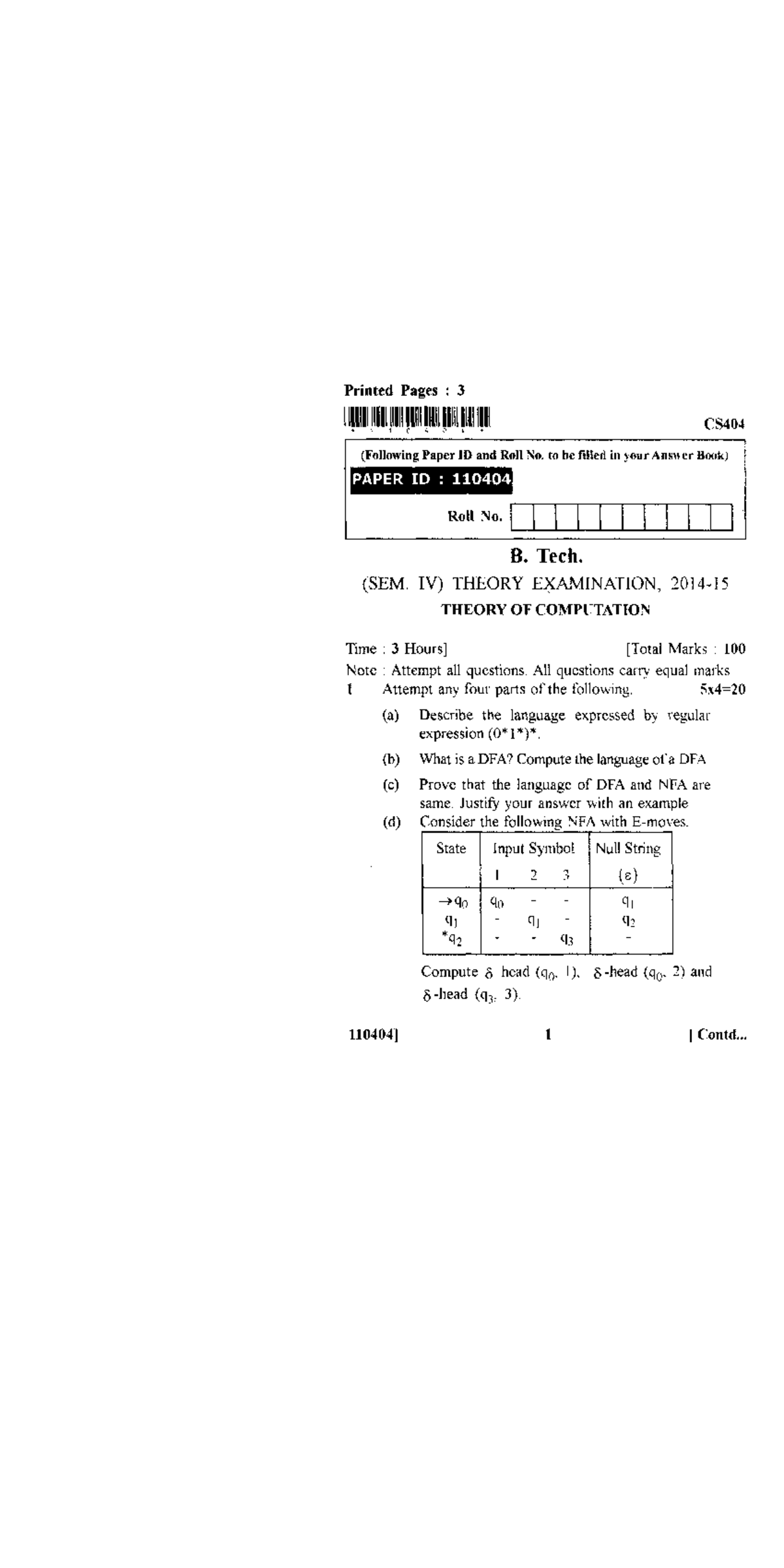 Toc university paper 2014-15 - Theory of Computation - Studocu