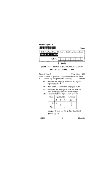 Toc university paper 2016-17 - Printed Pages : 3 Roll No. ECS B. THEORY ...
