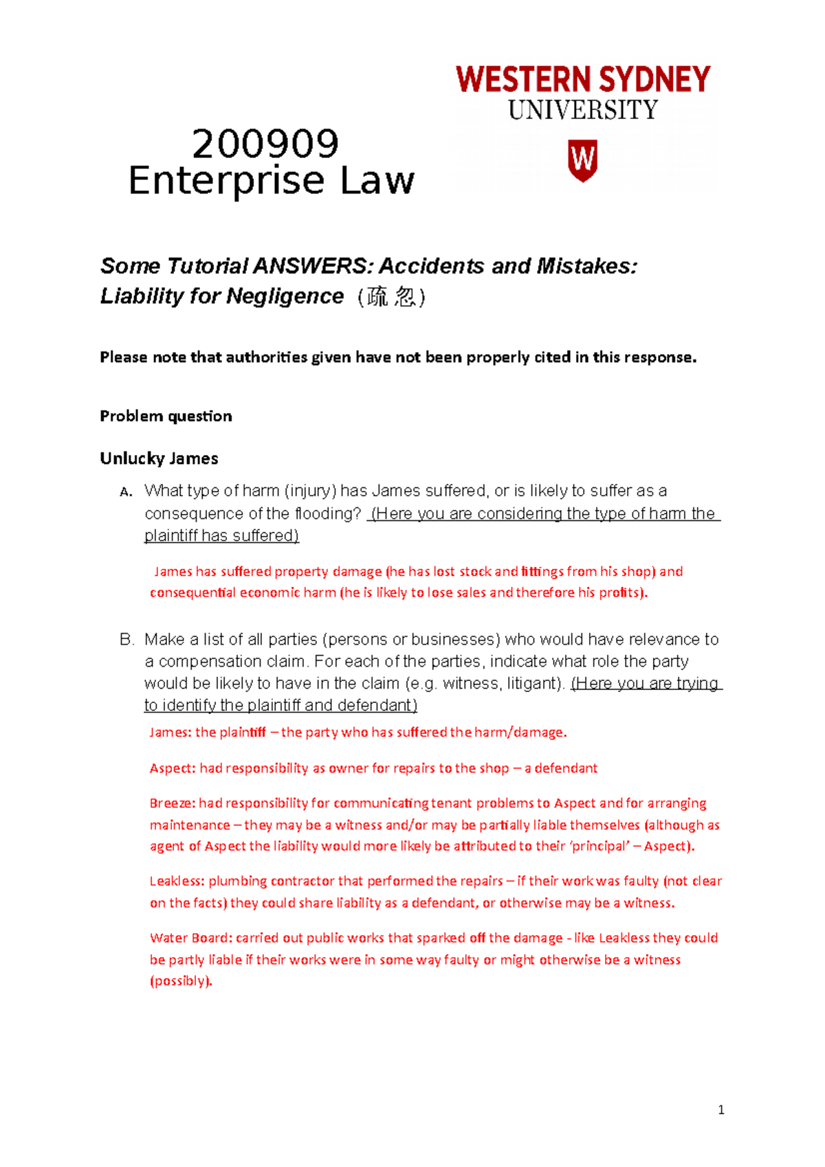 Negligence 1 - practise - 200909 Enterprise Law Some Tutorial ANSWERS ...