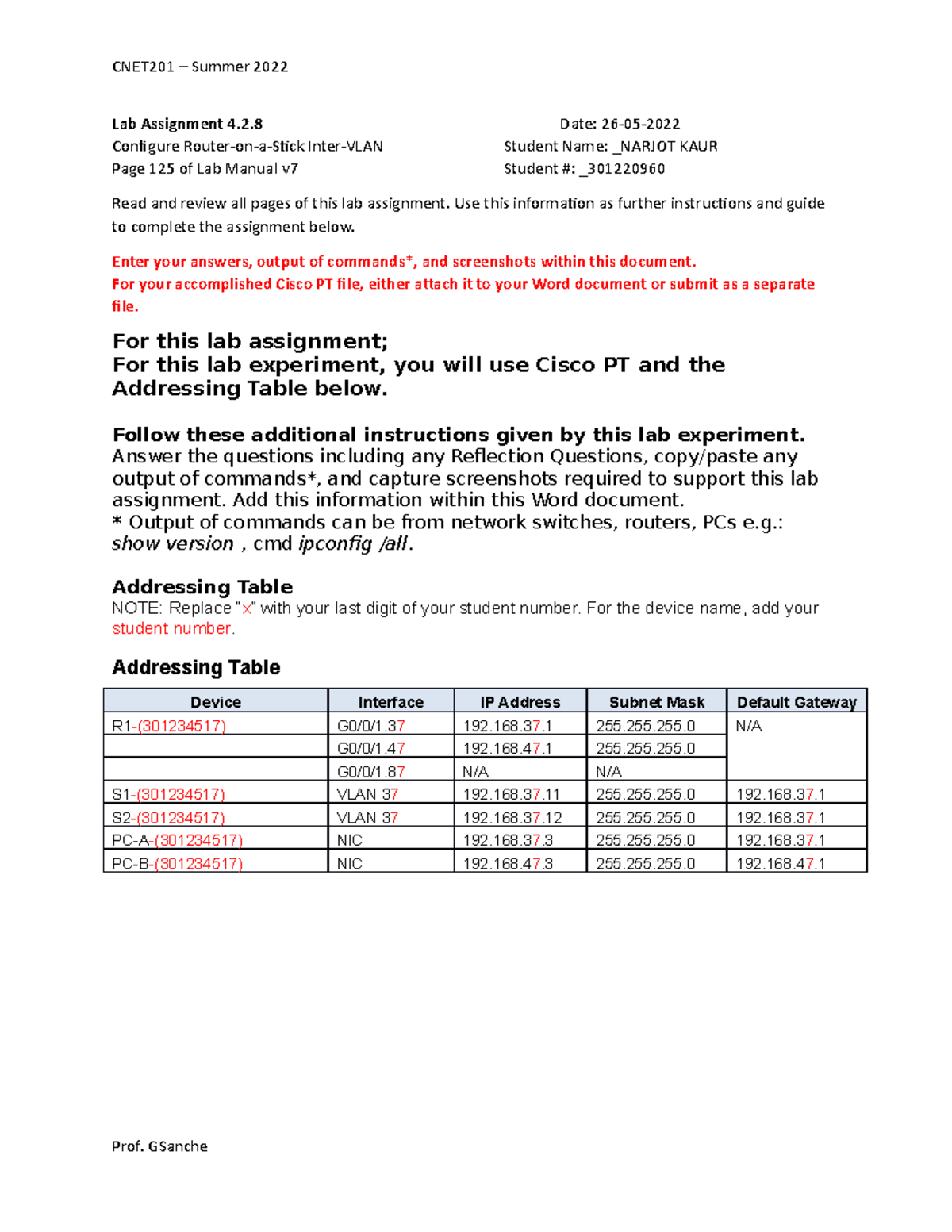 Lab Assignment 4.2.8 - very useful - Lab Assignment 4.2 Date: 26-05- Configure Router-on-a-Stick ...