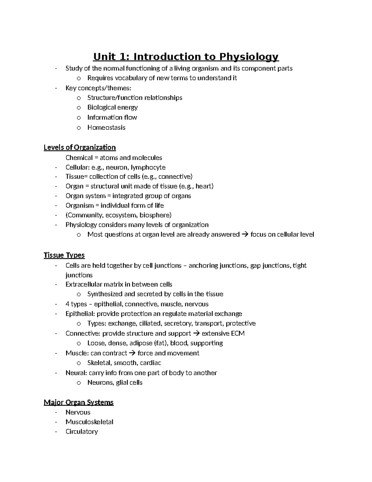 Unit 1 Notes - Unit 1: Introduction to Physiology - Study of the normal ...