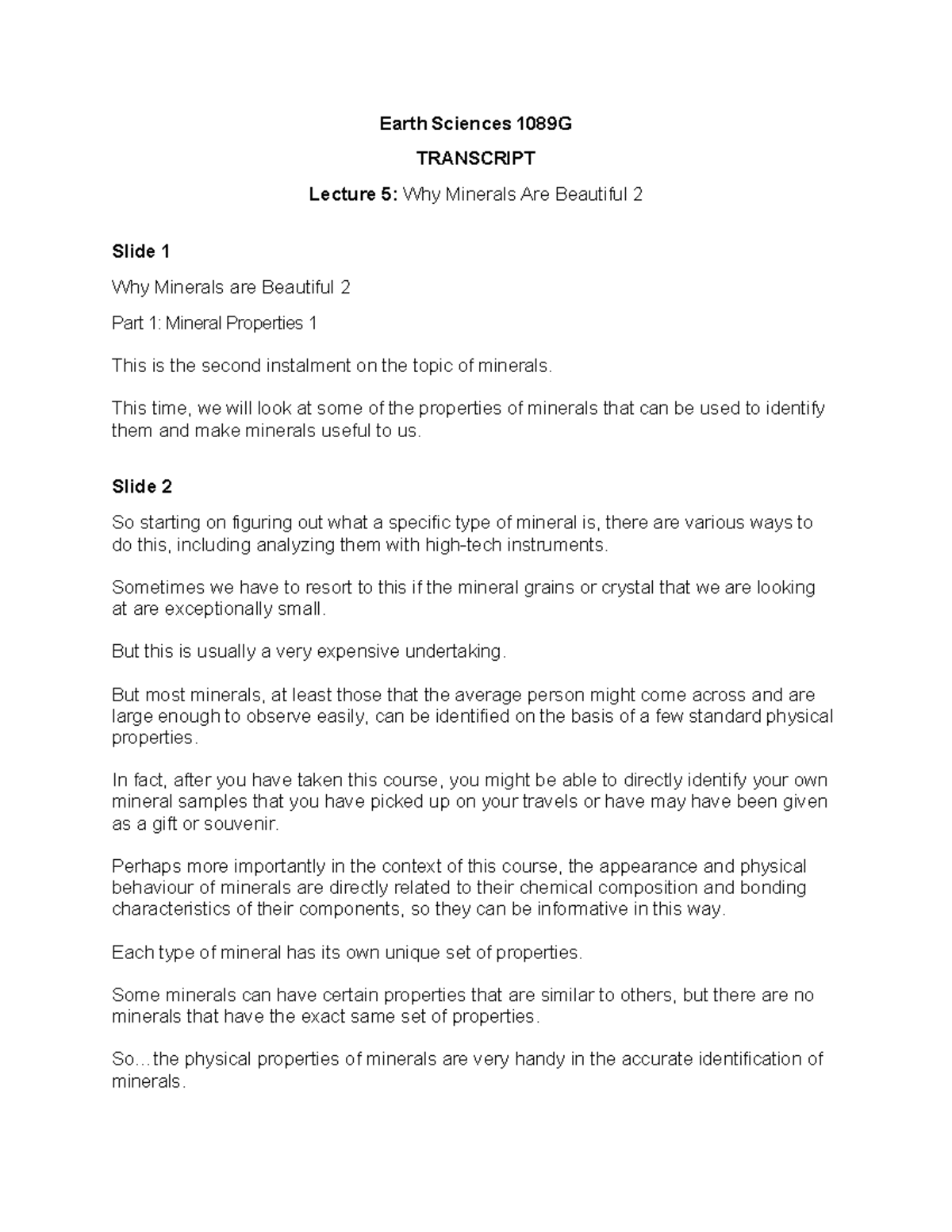 ES1089G W2 Lec5 Minerals 2 transcript - Earth Sciences 1089G TRANSCRIPT ...