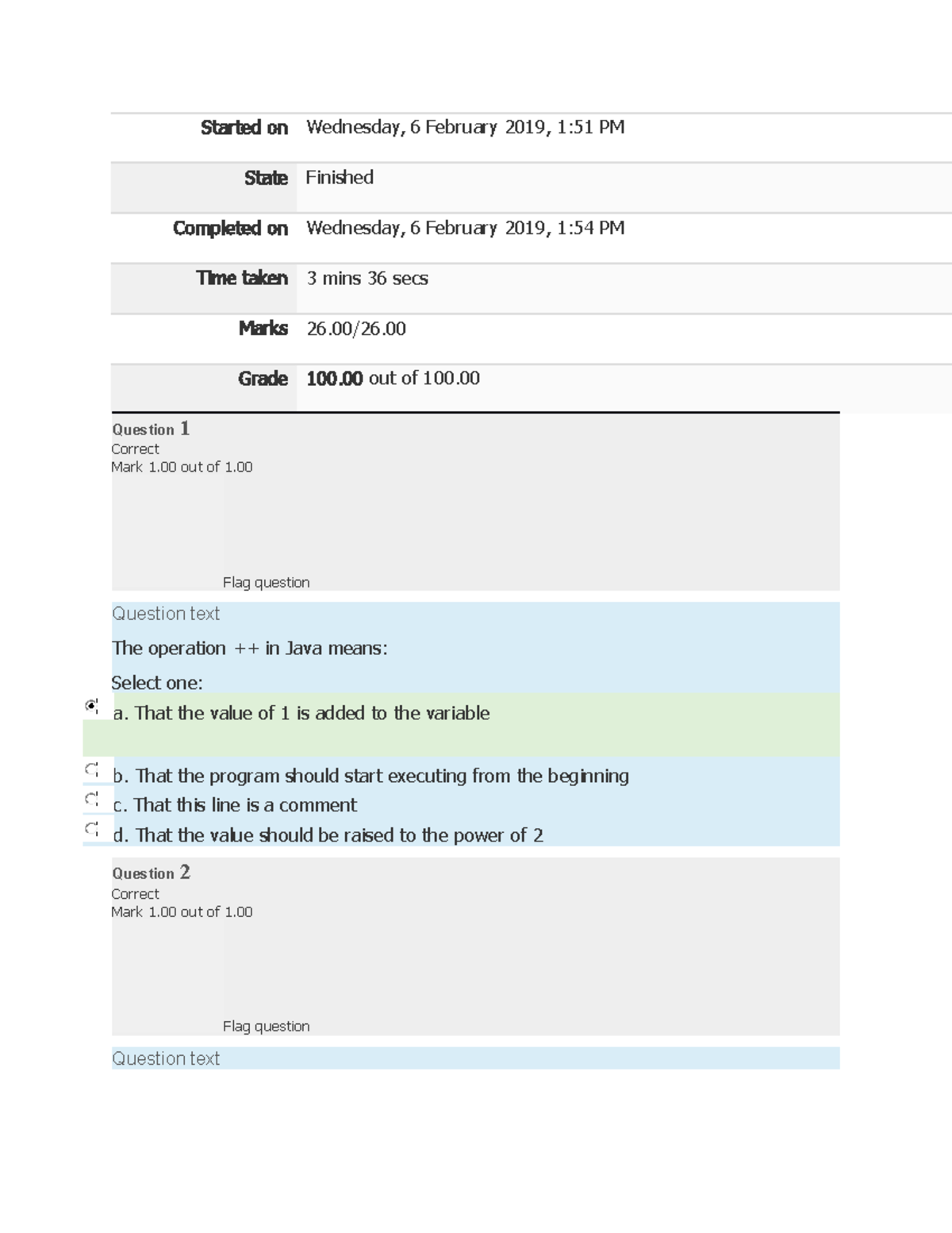 JAVA Quiz week 1 CS1102 - Started on Wednesday, 6 February 2019, 1:51 ...