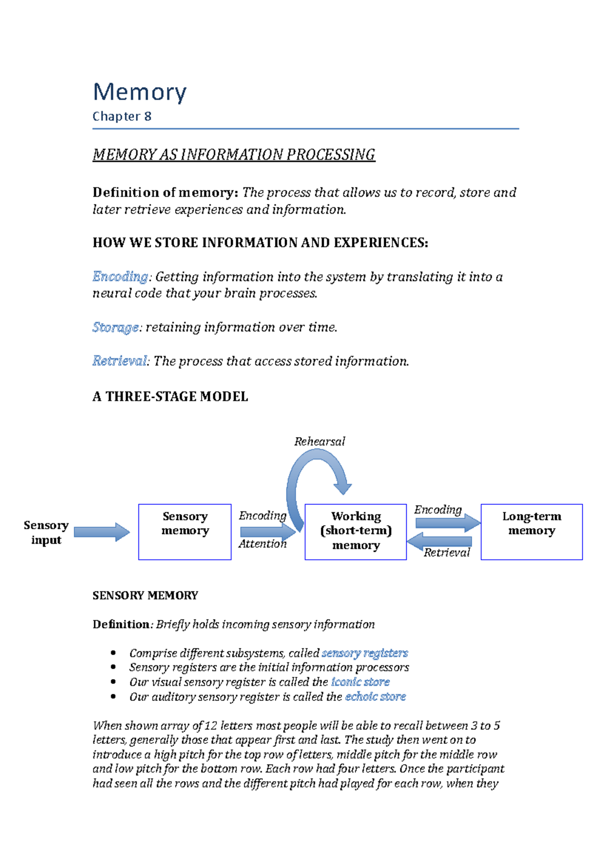 Pschology summary- Memory - Memory Chapter 8 MEMORY AS INFORMATION ...