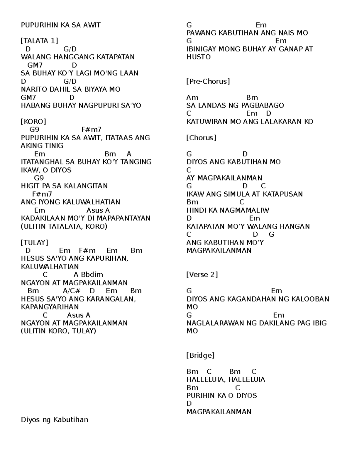 Pupurihin KA SA AWIT - PUPURIHIN KA SA AWIT [TALATA 1] D G/D WALANG ...