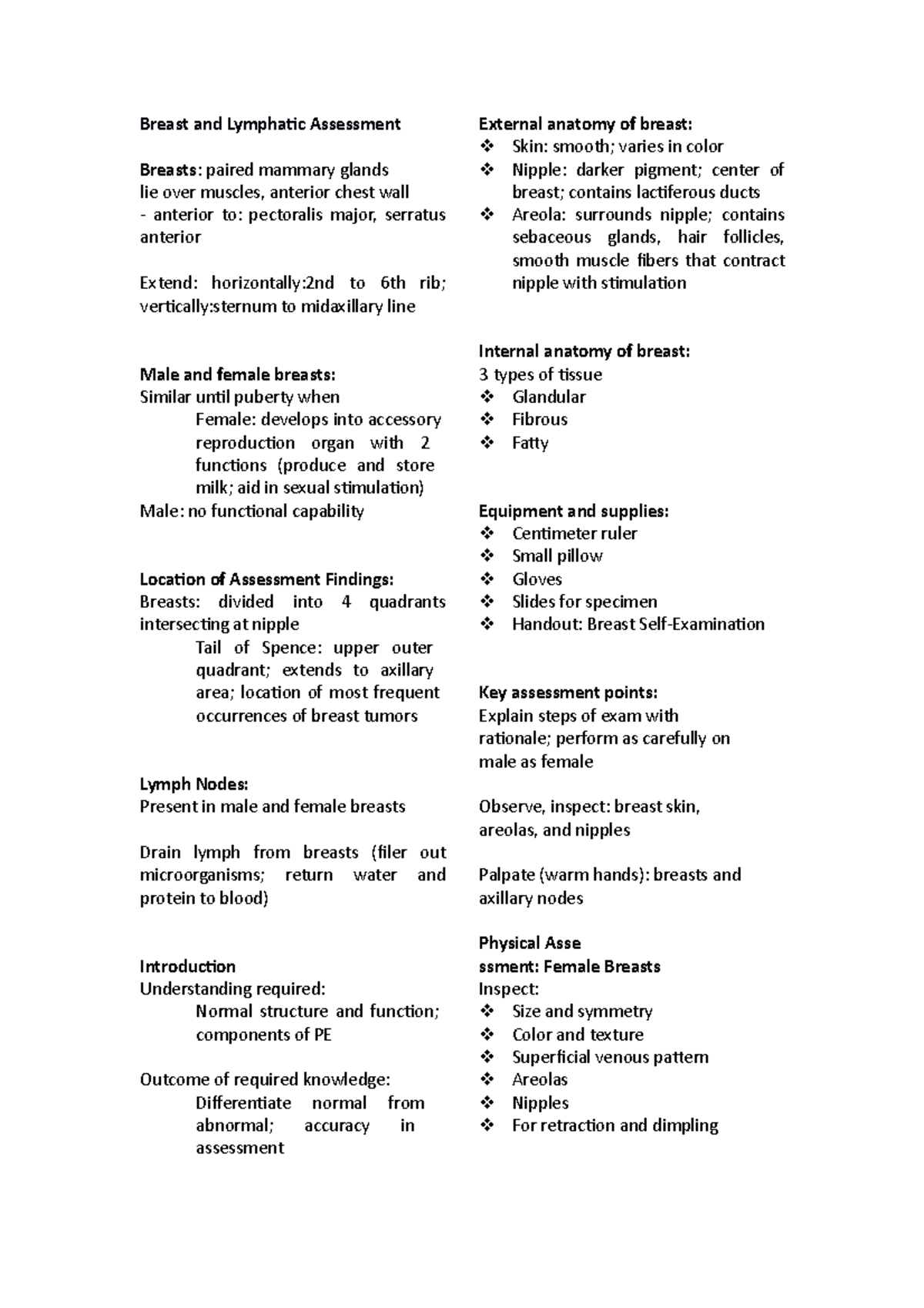Breast and Lymphatic Assessment - Breast and Lymphatic Assessment ...