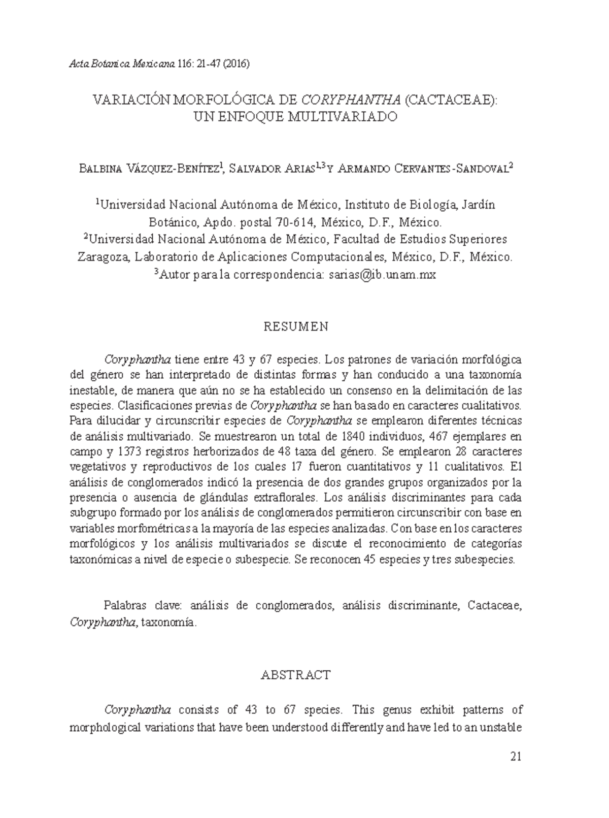 Variacion morfologica de Coryphantha Cactaceae Un - Acta Botanica ...