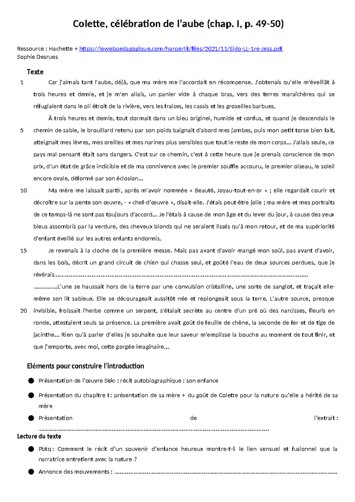 Colette EL Aube - Analyse linéaire d'un extrait des Vrilles de la vigne ...