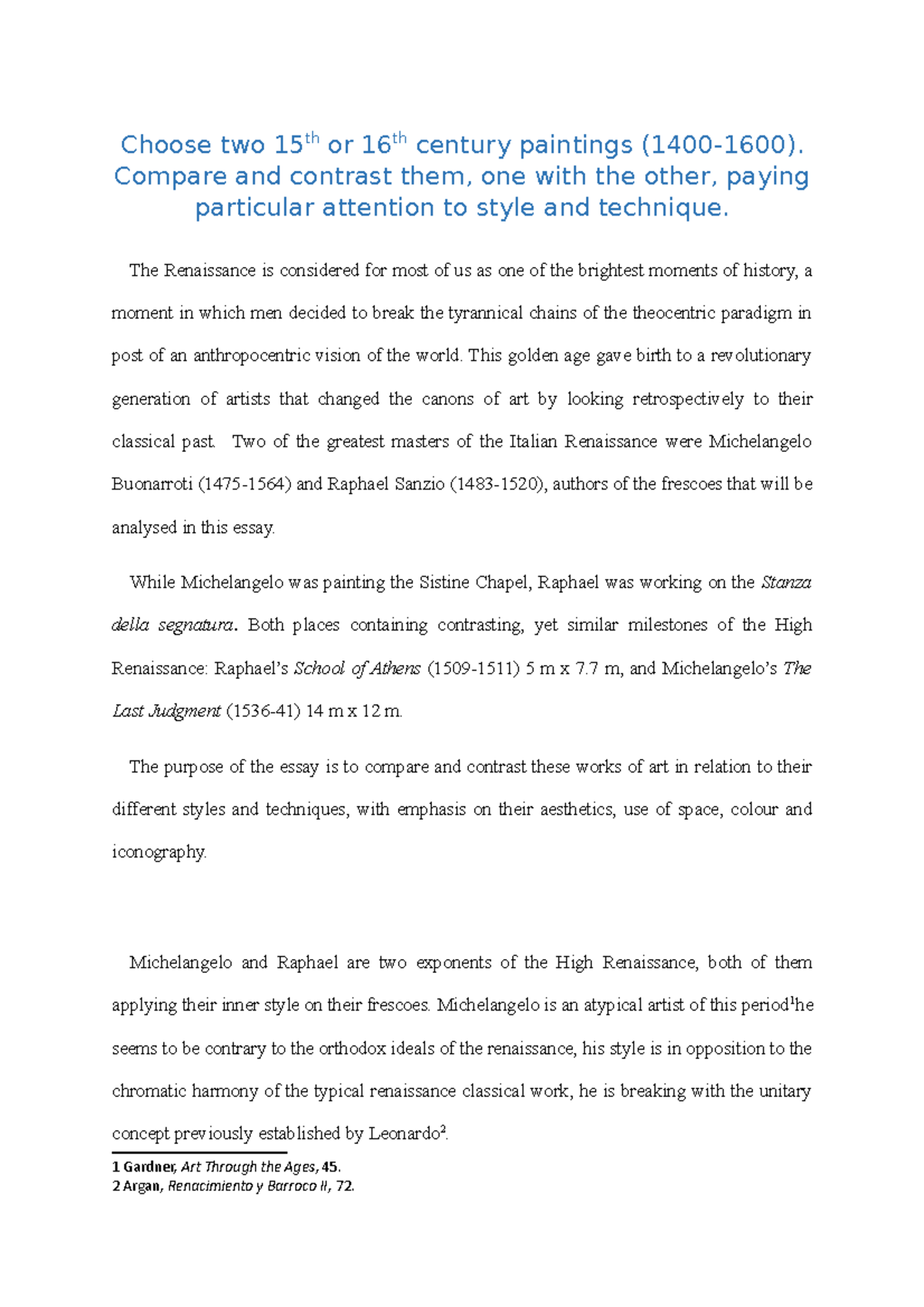 Art history essay - Grade: A1 - Choose two 15th or 16th century ...