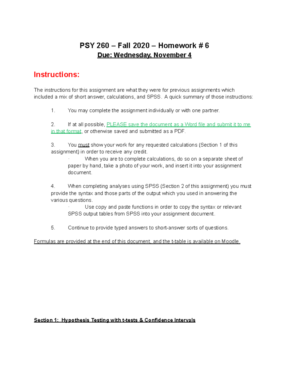 Experimental assignment 6 - PSY 260 – Fall 2020 – Homework # 6 Due ...