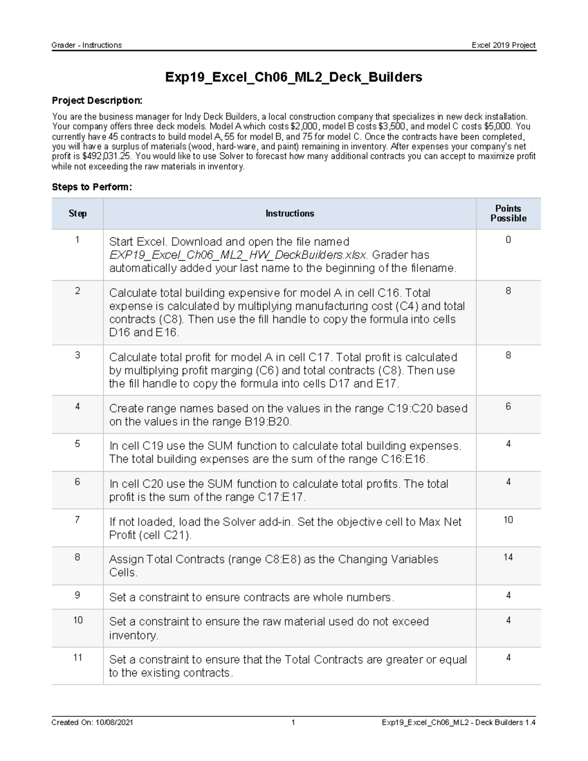 Exp19 Excel Ch06 ML2 Deck Builders Instructions - Grader - Instructions Excel 2019 Project - Studocu