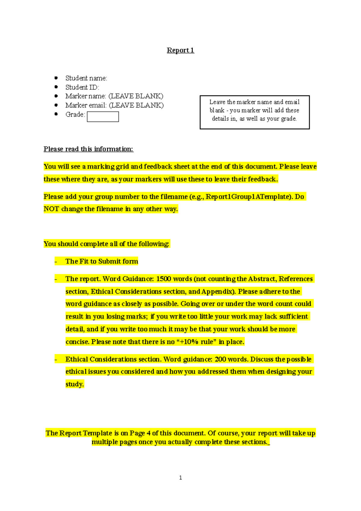 Report 1Group XTemplate 2 - Report 1 Student name: Student ID: Marker ...