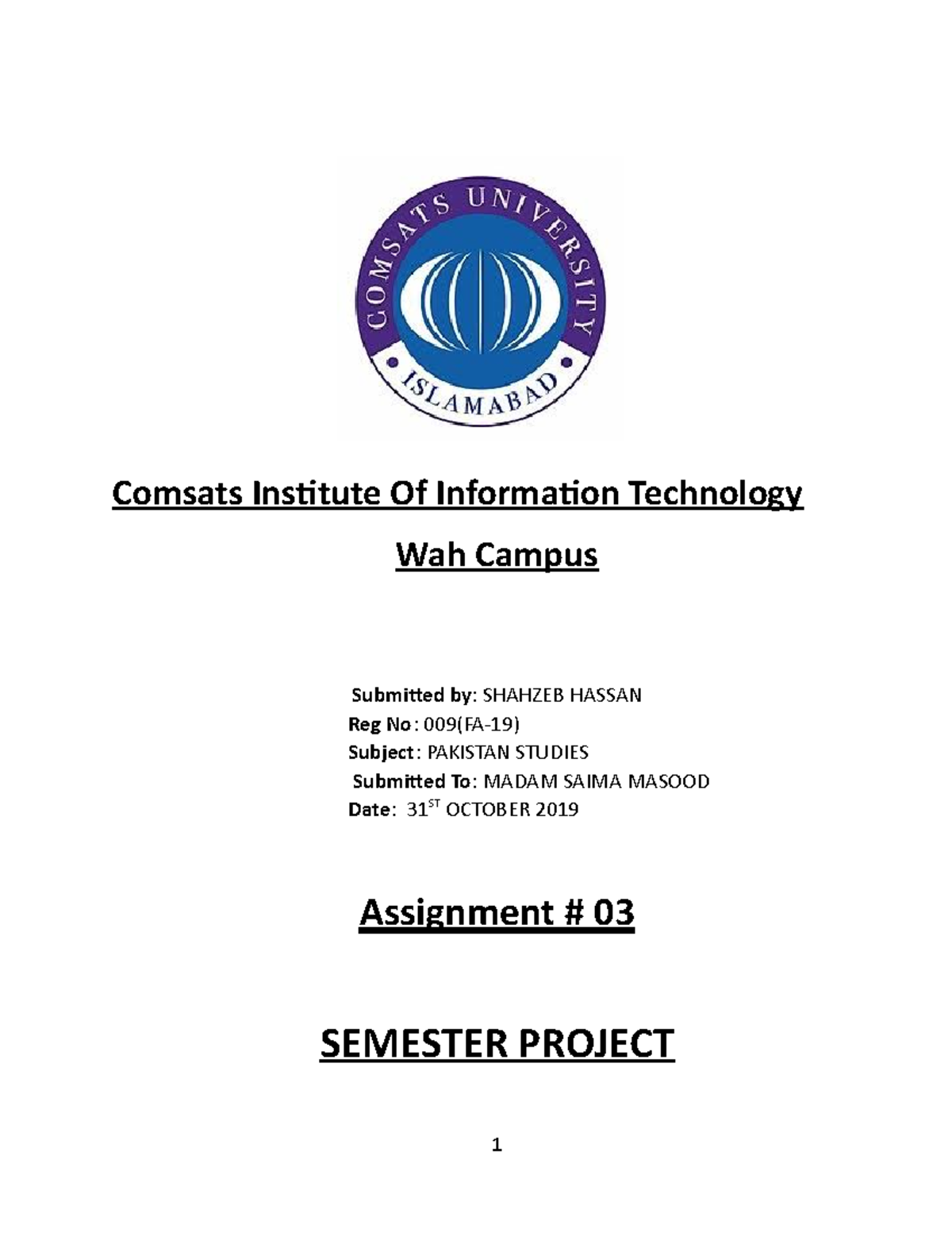 PAK Studies Project - Comsats Institute Of Information Technology Wah ...