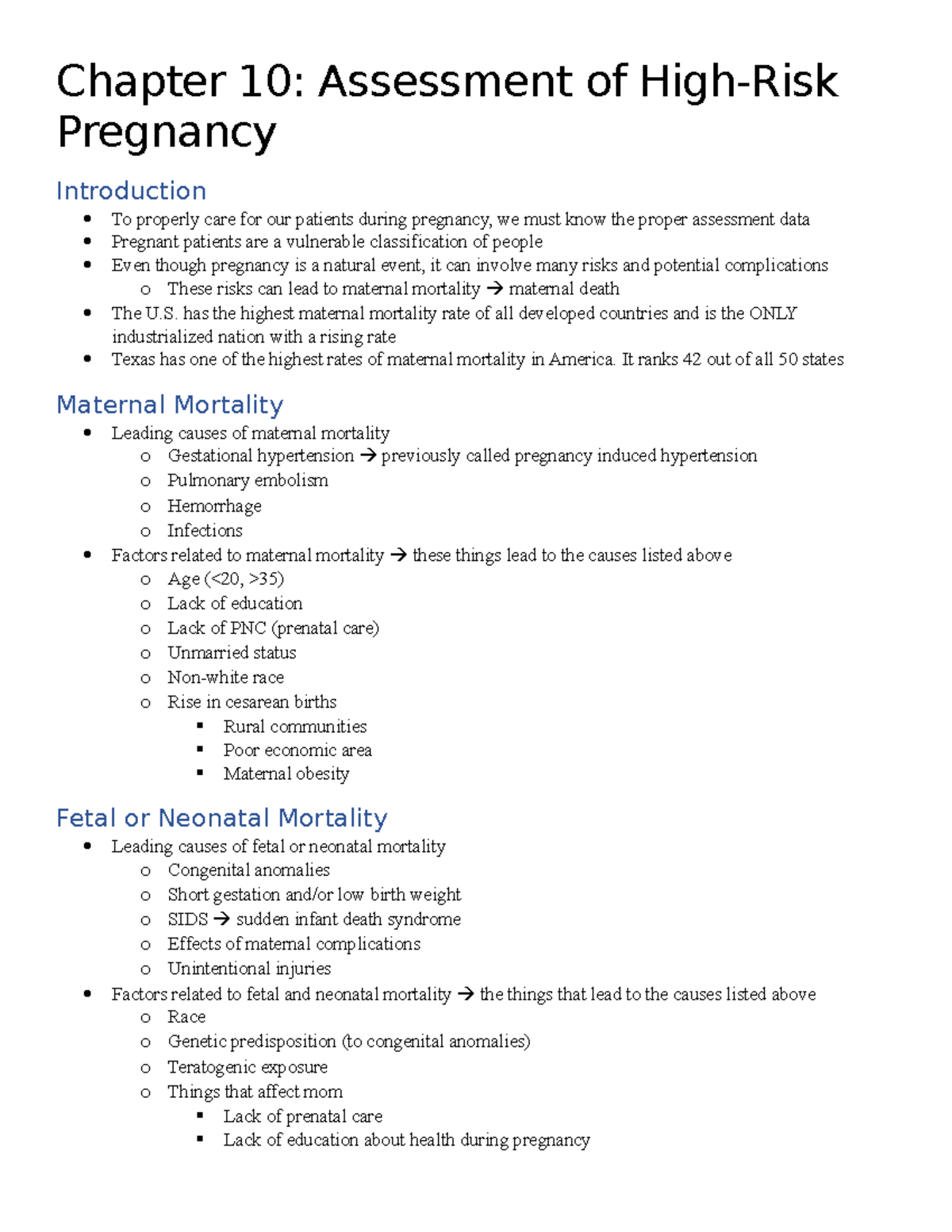 Chapter 10 Notes - Chapter 10: Assessment of High-Risk Pregnancy ...