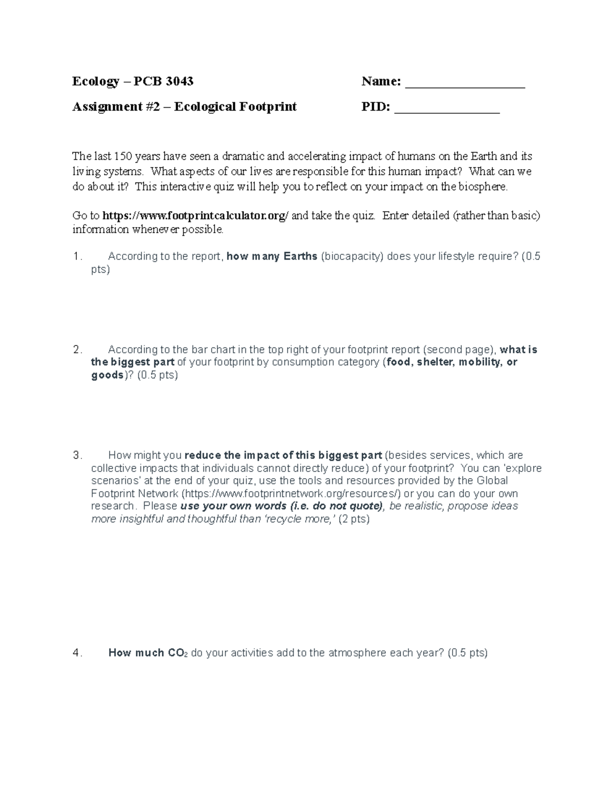 Assignment 2 Ecological Footprint - Ecology – PCB 3043 Name ...