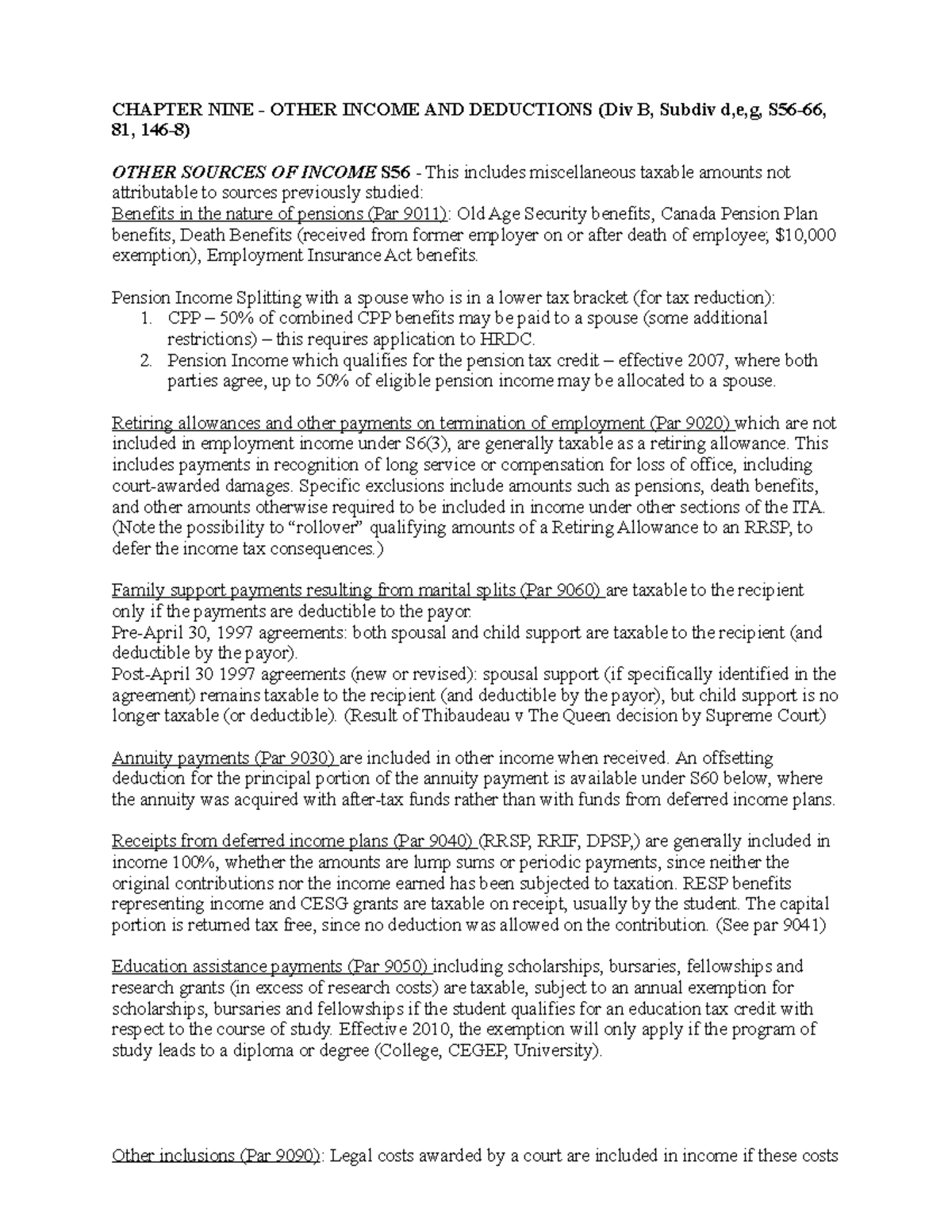 Chapter 9 Notes - CHAPTER NINE - OTHER INCOME AND DEDUCTIONS (Div B ...